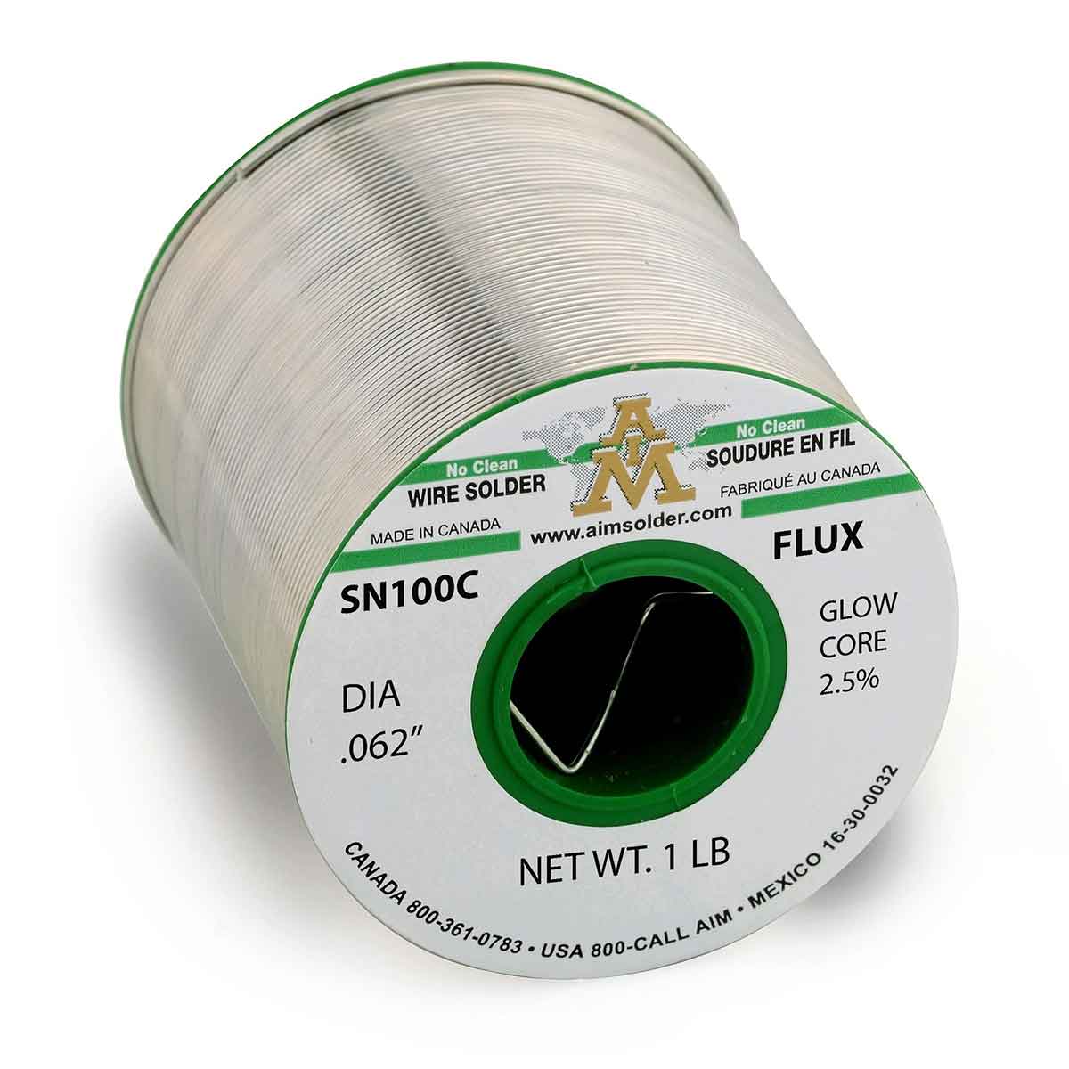 AIM SN100C Glow Core 2.5% Lead Free No Clean Core Wire Solder .062" Di ...